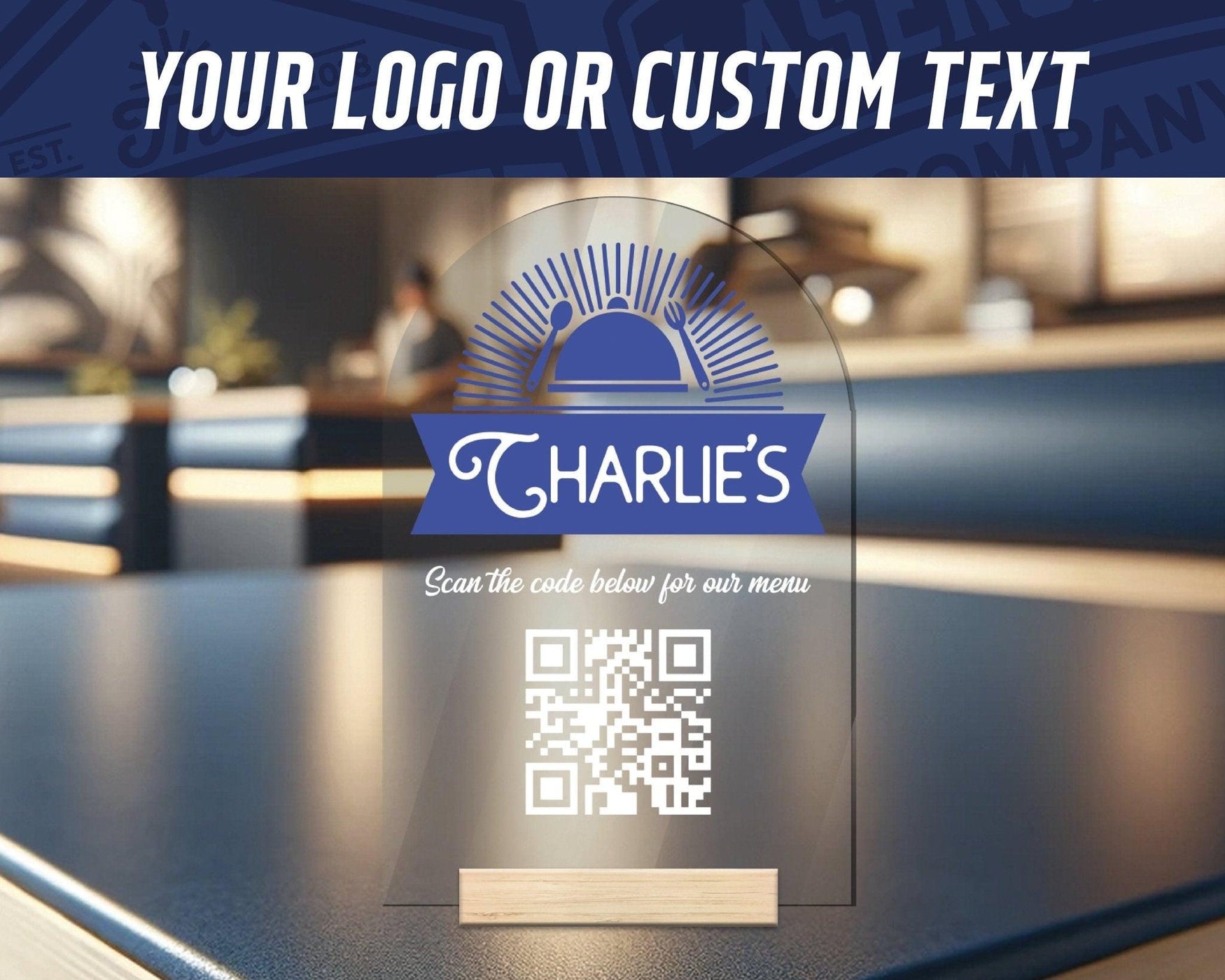 Tabletop Acrylic QR Code Sign with Base | The Lasercraft Co.